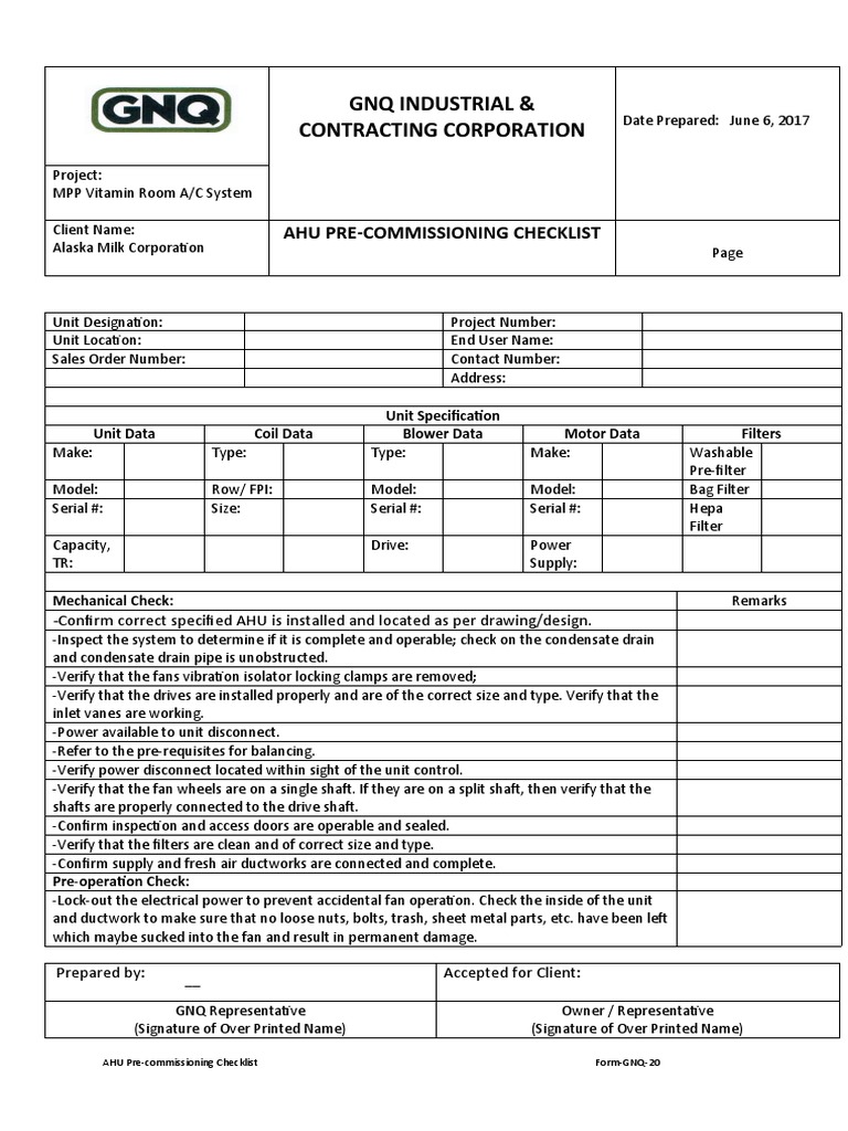 (Form GNQ 20) AHU Pre Commissioning Checklist 1 | Download Free PDF ...