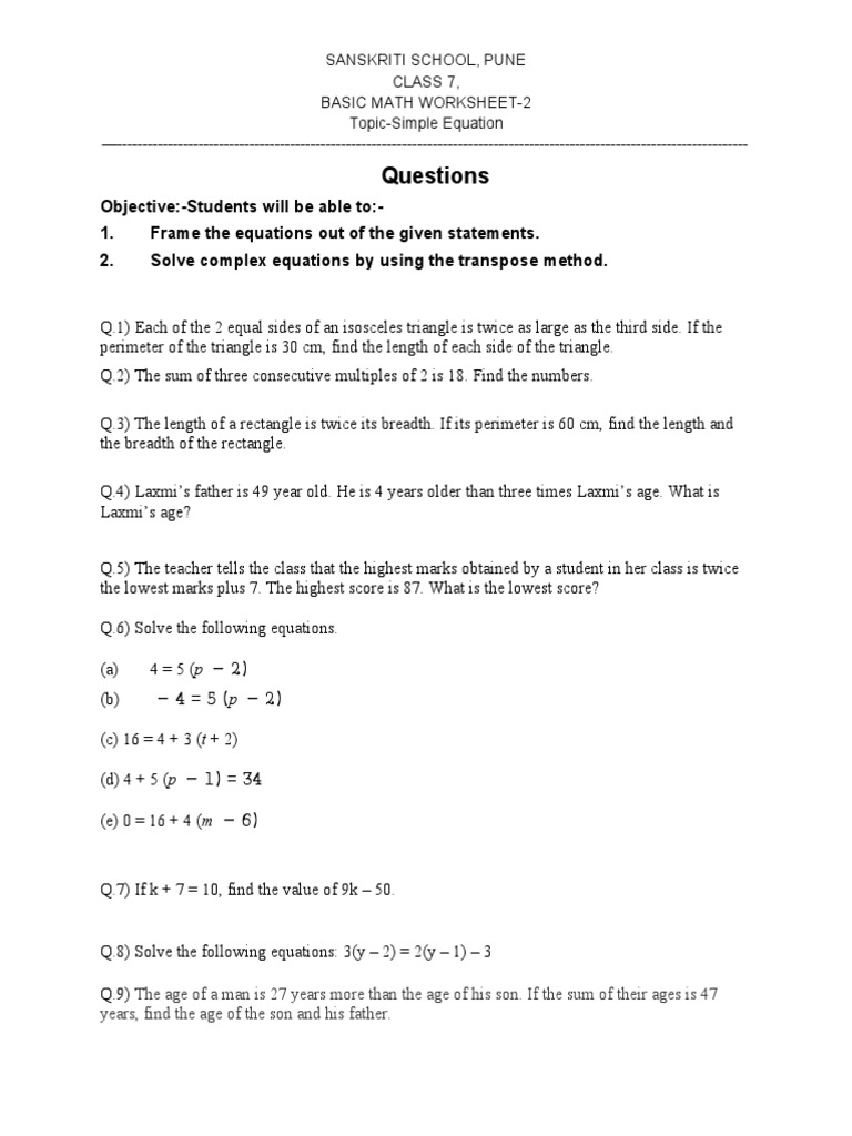Class 7 Simple Equations Worksheet | PDF