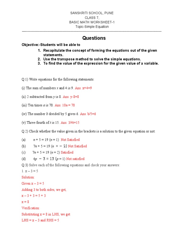 Class 7 Simple Equations Worksheet | PDF | Equations | Algebra