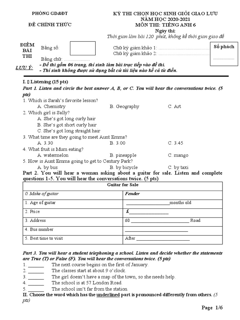 ĐỀ THI HSG ANH 6 | PDF | English Language