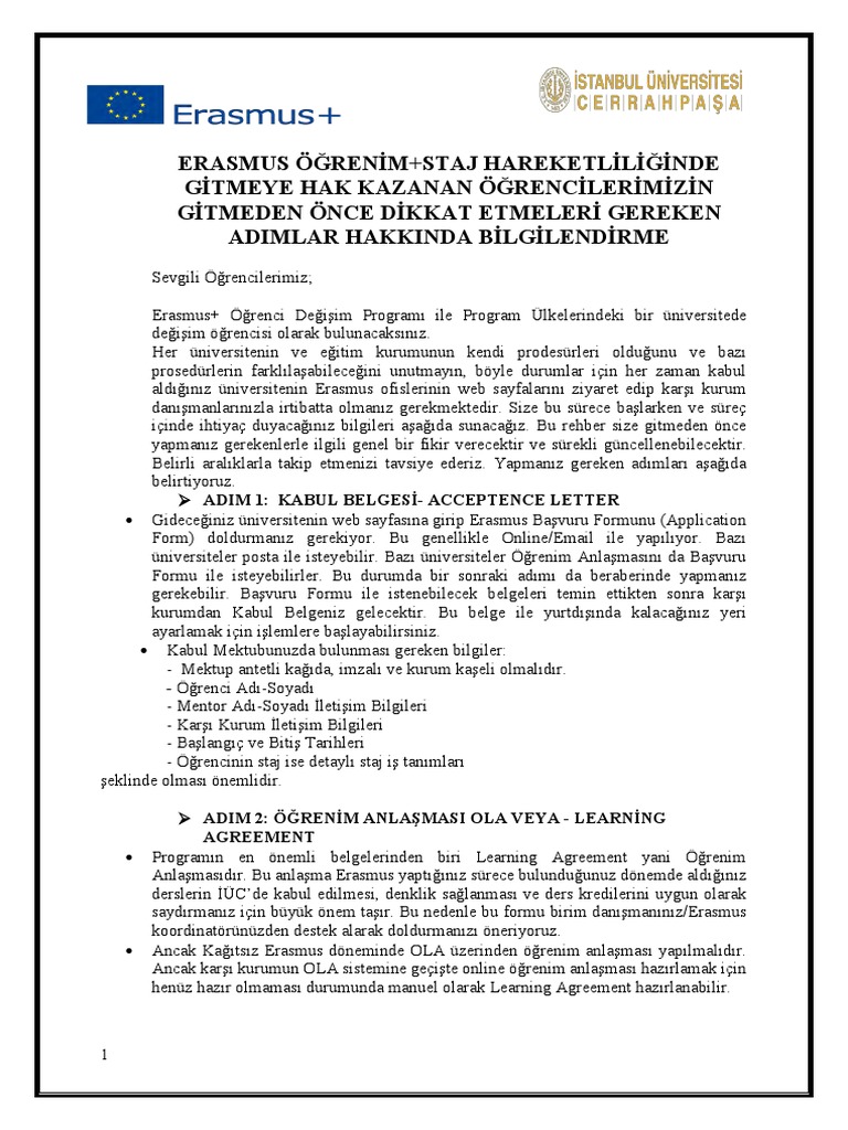 Erasmus Ogrenim Ve Staj Hareketliligi Bilgilendirme | PDF