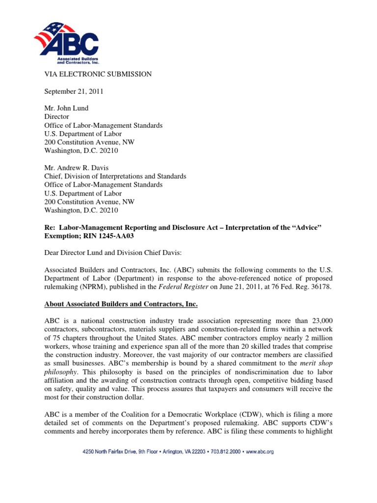 ABC Dol-Olms Persuader NPRM 082211 Final | PDF | Advice (Opinion ...