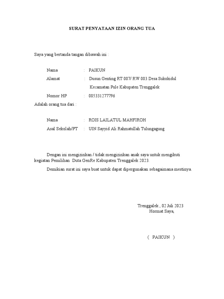 Surat Izin Orang Tua Duta Genre 23 | PDF