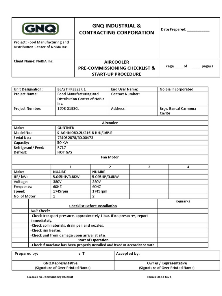 (Form GNQ 17)Aircoolers Pre Commissioning Checklist 1 | PDF ...