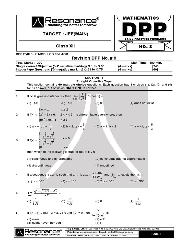 DPP - 8 English PC YoqvisB | PDF | Maxima And Minima | Tangent