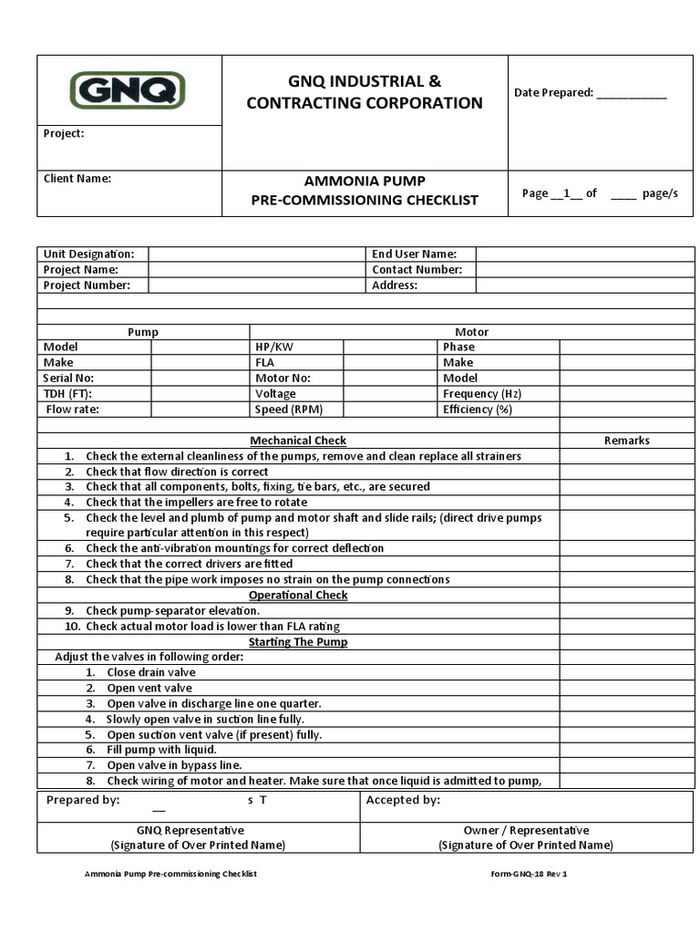 Ammonia Pump Pre-Commissioning Checklist | PDF | Pump | Electric Motor