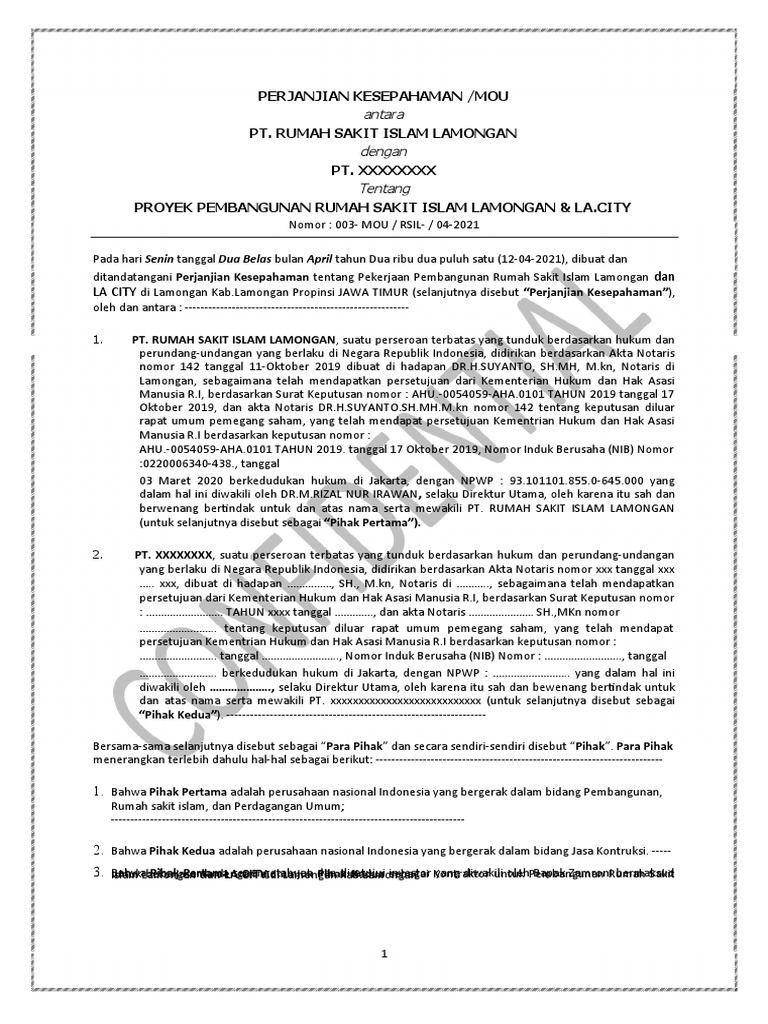 MOU PT - RSILA Dengan PT - RAHEL KARYA MAS (CONTRACTOR) | PDF