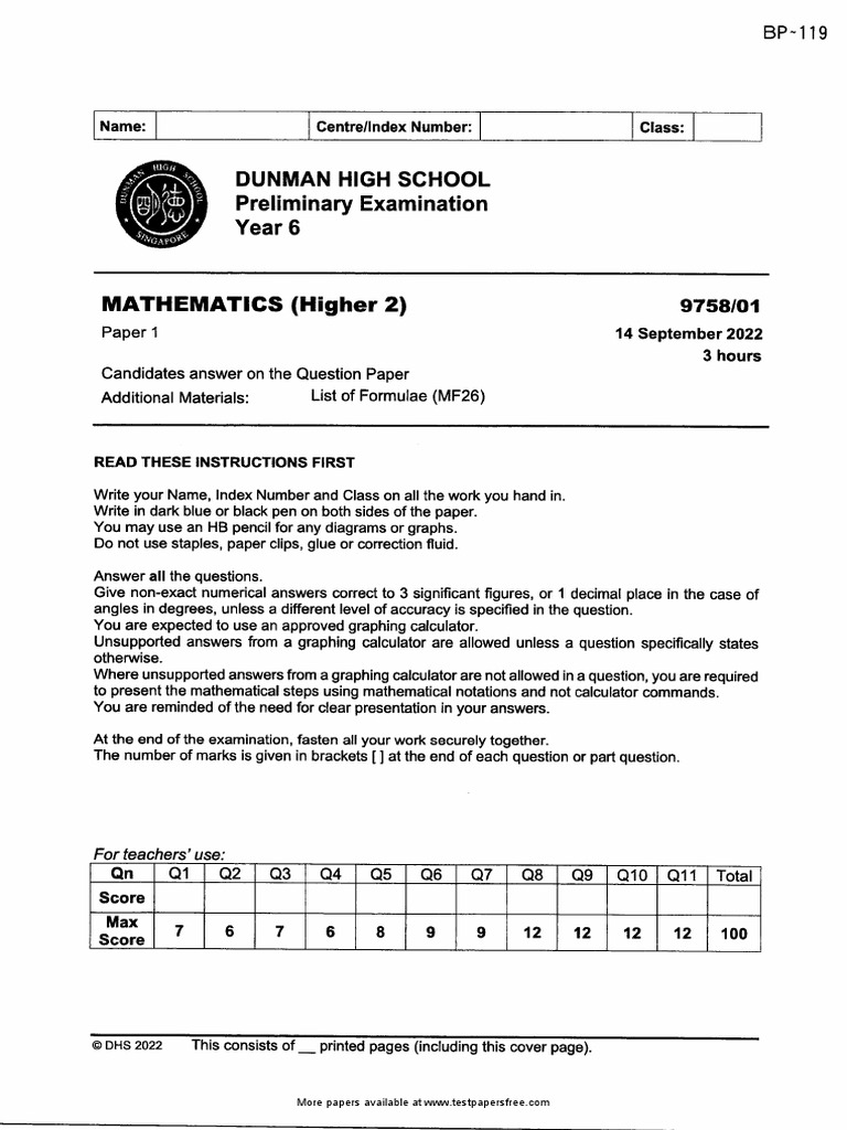 2022 Dunman High School H2 Maths Prelims | PDF
