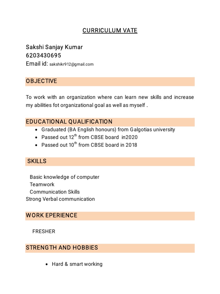 Curri Culum Vate Sakshisanj Aykumar 6203430695 Emai Li D: Objecti Ve | PDF