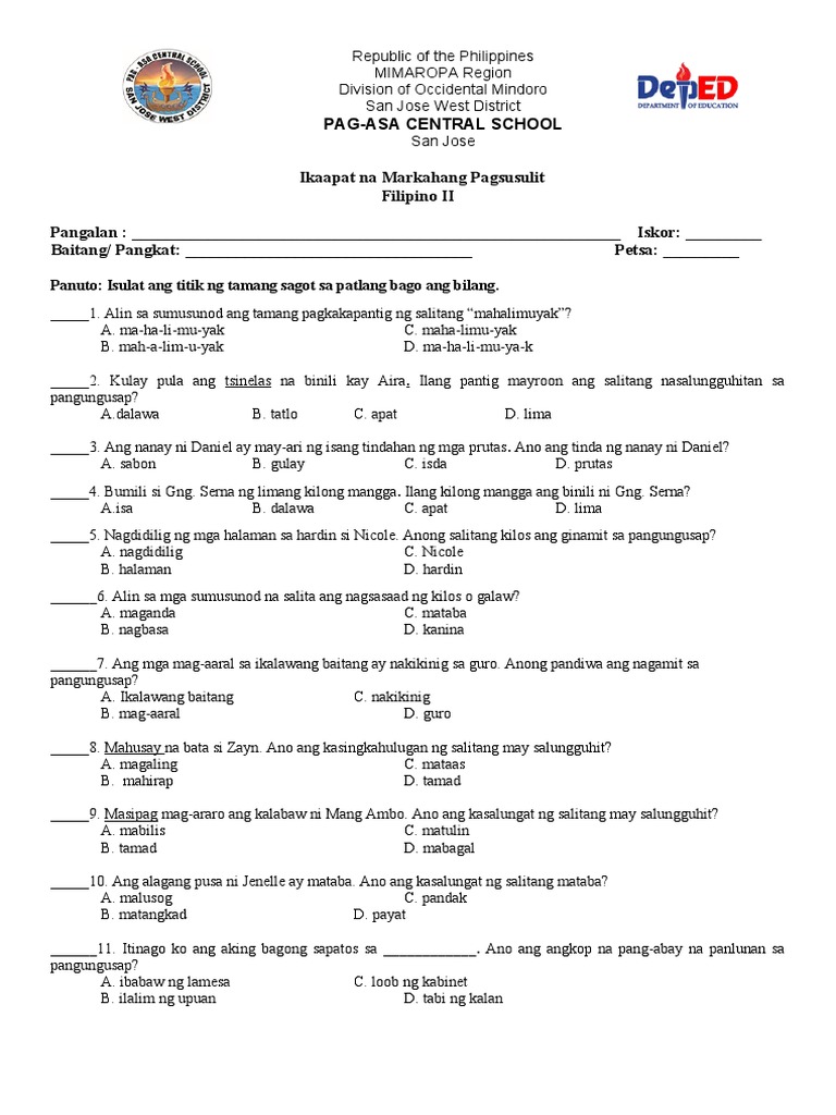 FILIPINO - 4th Periodical Test | PDF