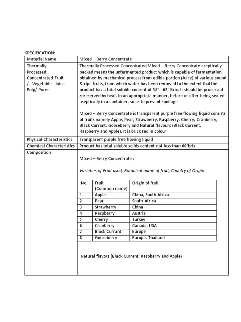 Mixed Berry Juice Concentrate Specification | PDF | Berry | Food ...