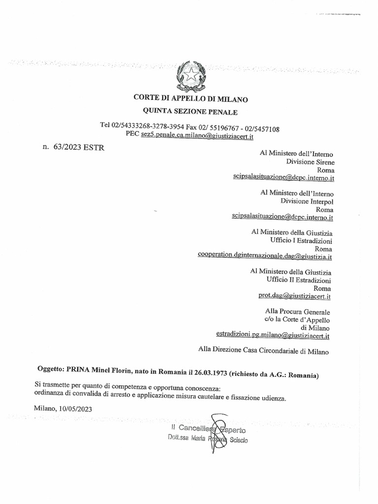 Curtea de Apel Milano, Informatii Situatie Minel Prina | PDF