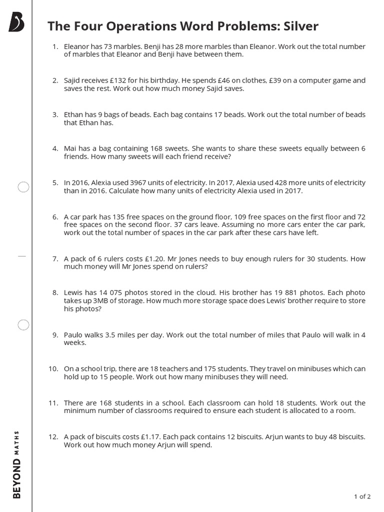 Four Operations Word Problems Worksheet | PDF | Home & Garden