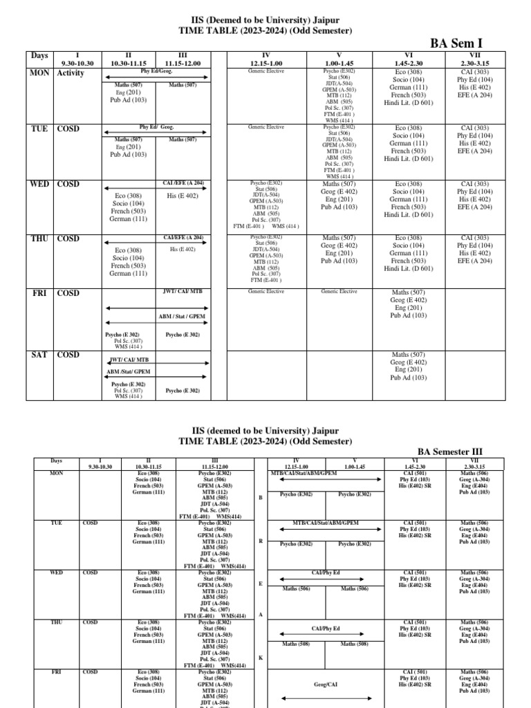 Master Time Table 23-24 (BA & B.SC.) Odd Semester | PDF