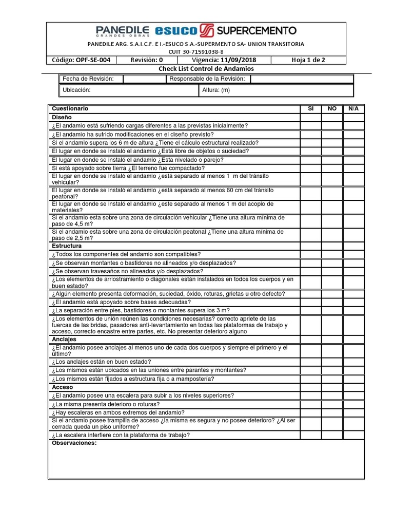 OPF-SE-004 - Check List Control de Andamios Tubulares Rev0 | PDF