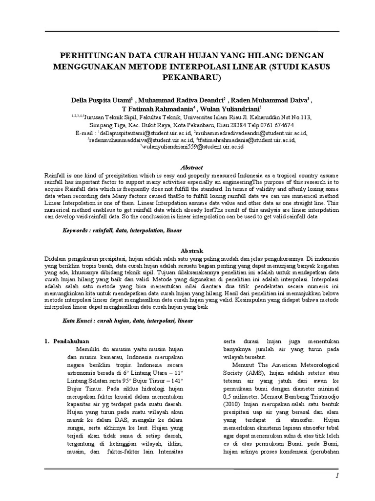 Perhitungan Data Curah Hujan Yang Hilang Dengan Menggunakan Metode Interpolasi Linear (Studi ...
