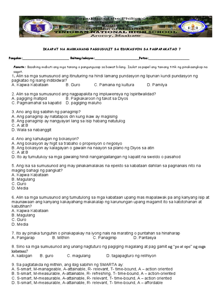 Esp 7 4TH Quarter Exam | PDF