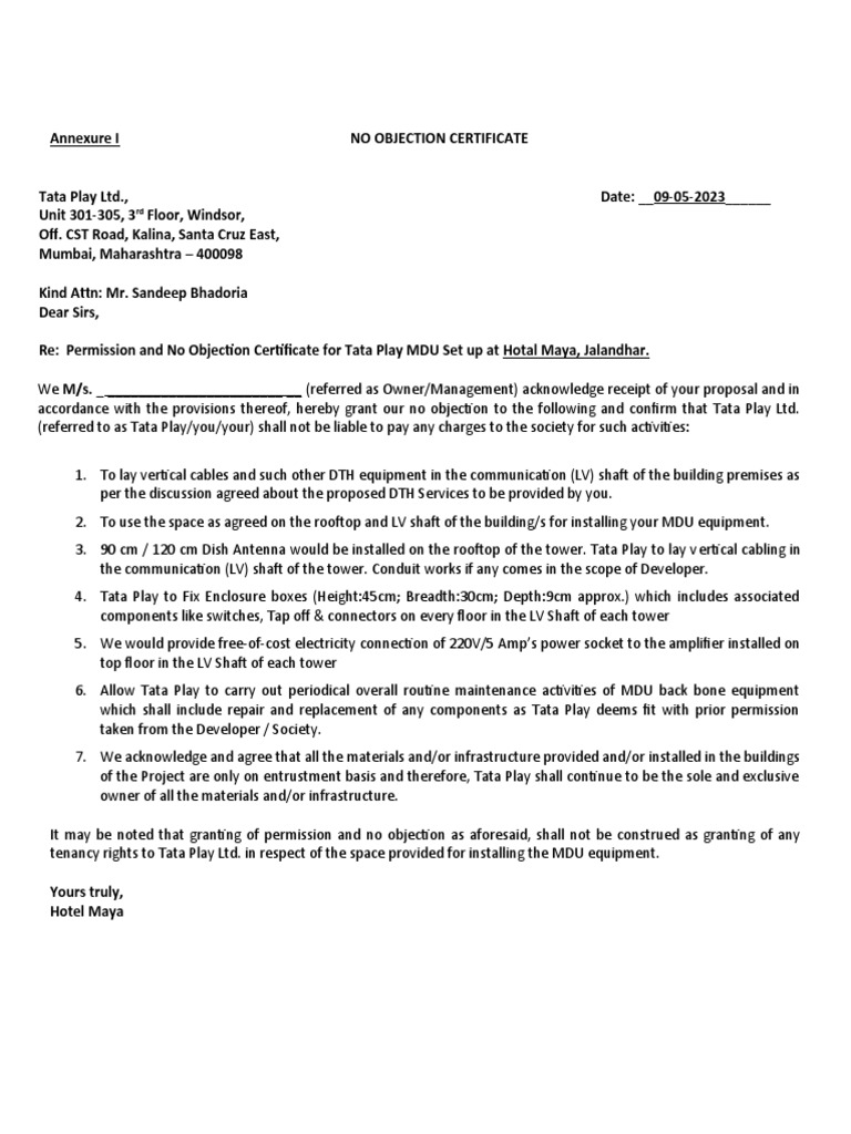 NOC Draft - Tata Play | PDF | Electrical Engineering | Electronics