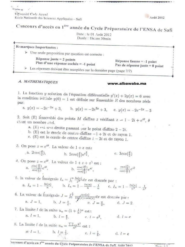 epreuve_concours_entree_ensa_safi_2012_math_physique_chimie_langues | PDF
