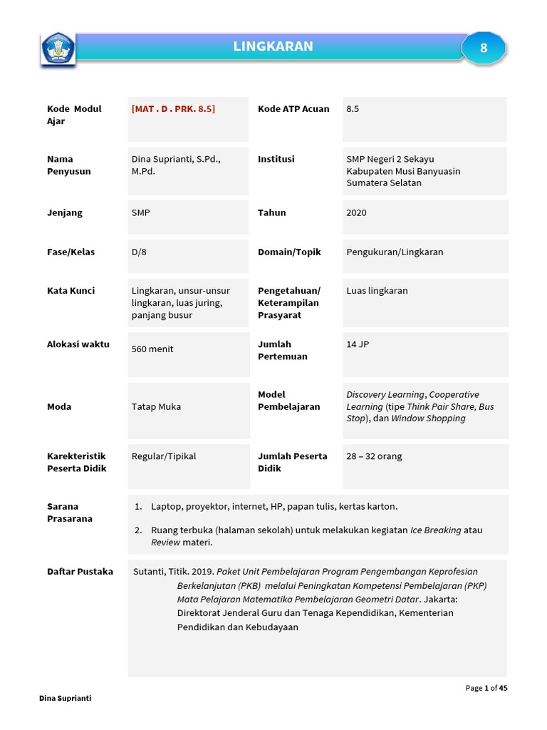 3 Modul Ajar MTK Kelas 8 (Lingkaran) - WWW - Kherysuryawan.id | PDF
