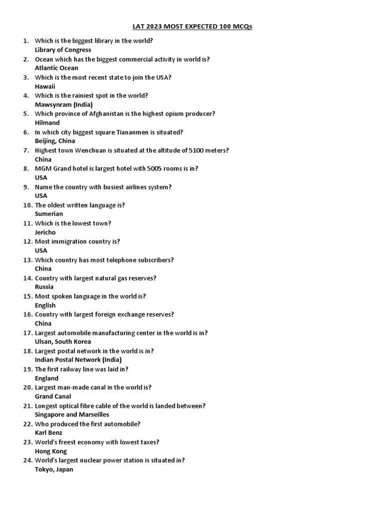 LAT 2023: Top 100 General Knowledge MCQs | PDF | China | World Politics