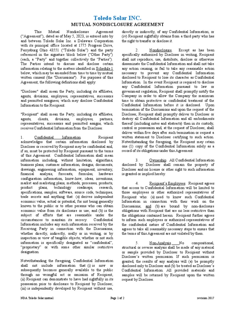 Toledo Solar MNDA Draft - International | PDF | Non Disclosure ...