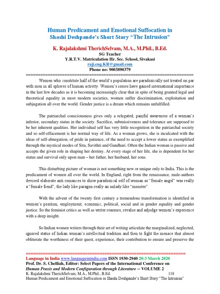 Human Predicament and Emotional Suffocation in | Download Free PDF ...