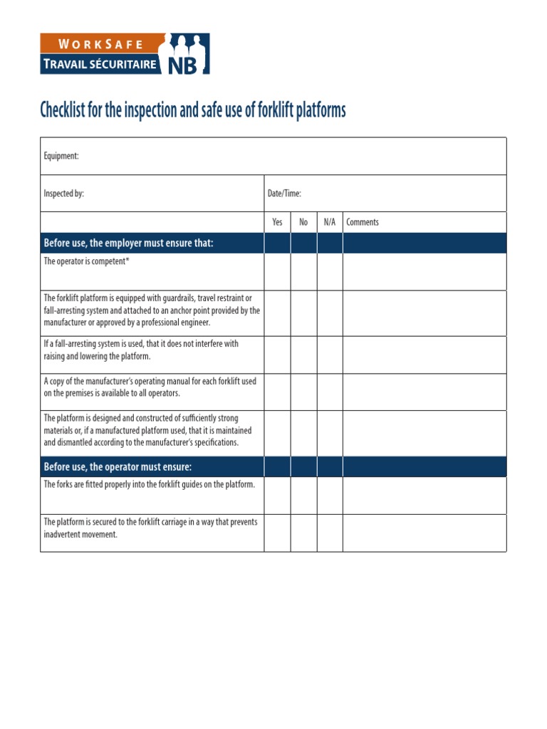 Checklist For The Inspection and Safe Use of Forklift Platforms ...