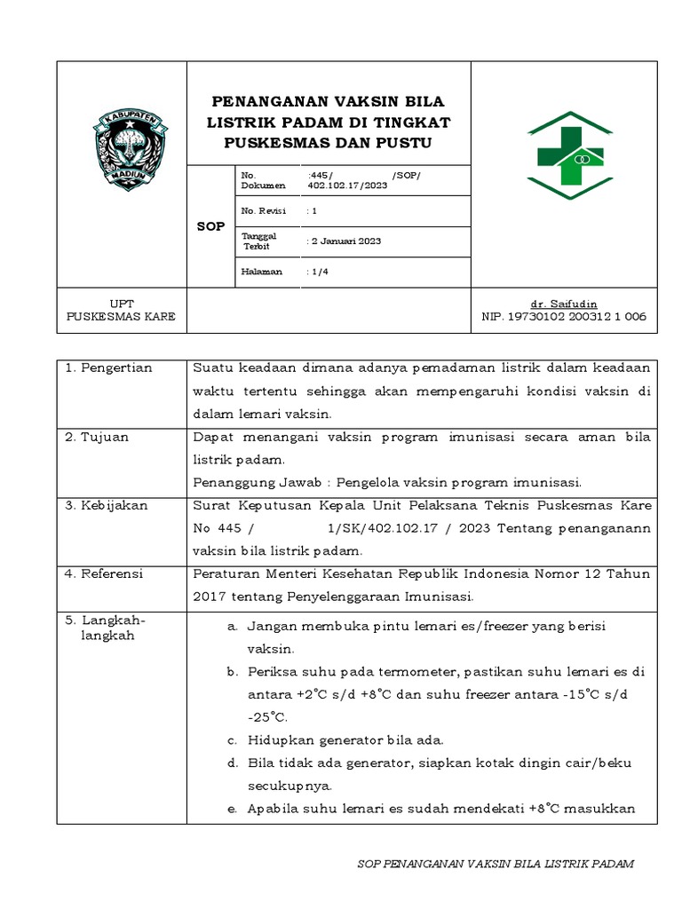 Sop Penanganan Vaksin Bila Listrik Padam | PDF