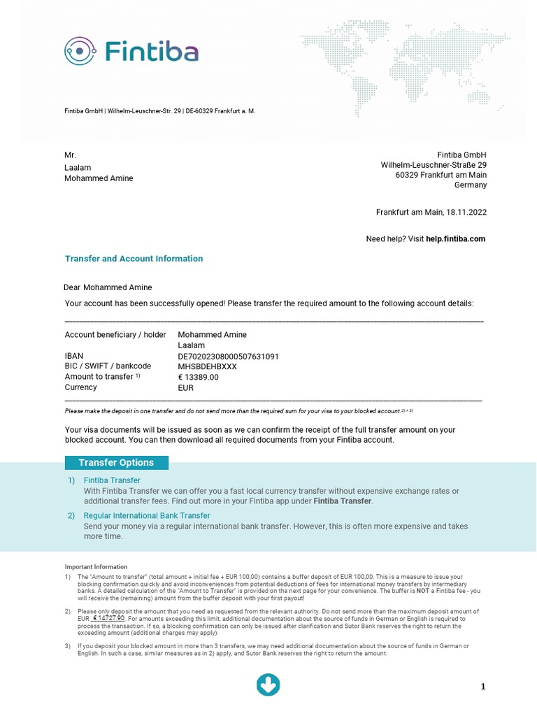 Fintiba Transfer Instructions and Details | PDF | Wire Transfer | Business