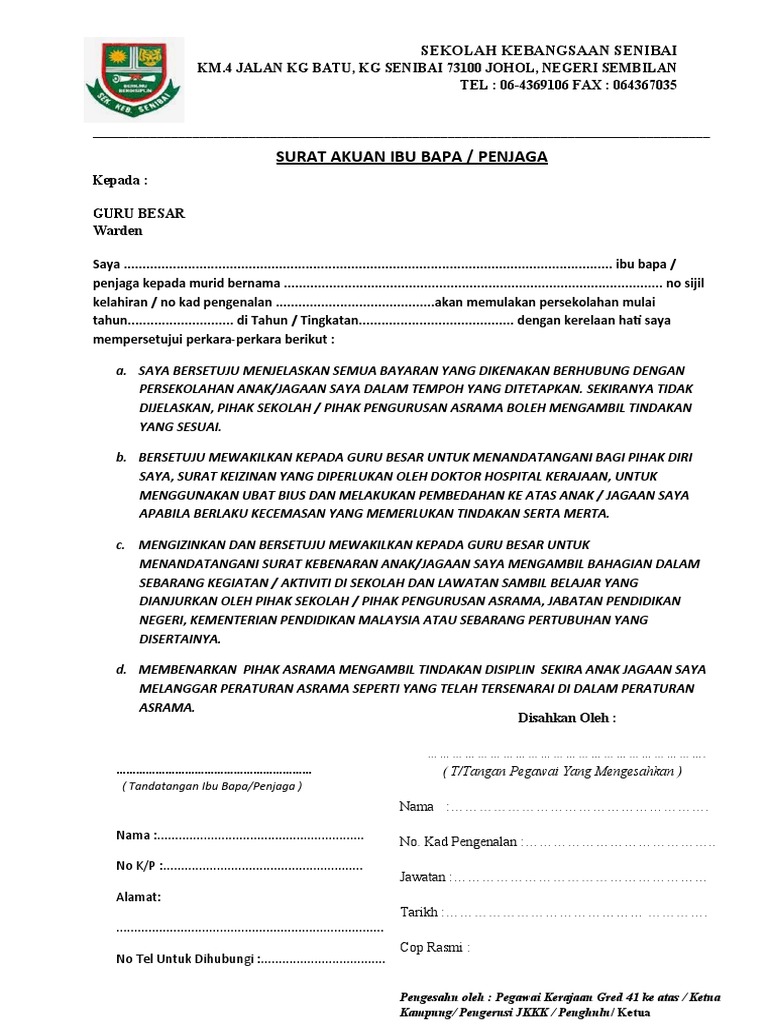 Surat Akuan Ibu Bapa Letter Head 6 | PDF