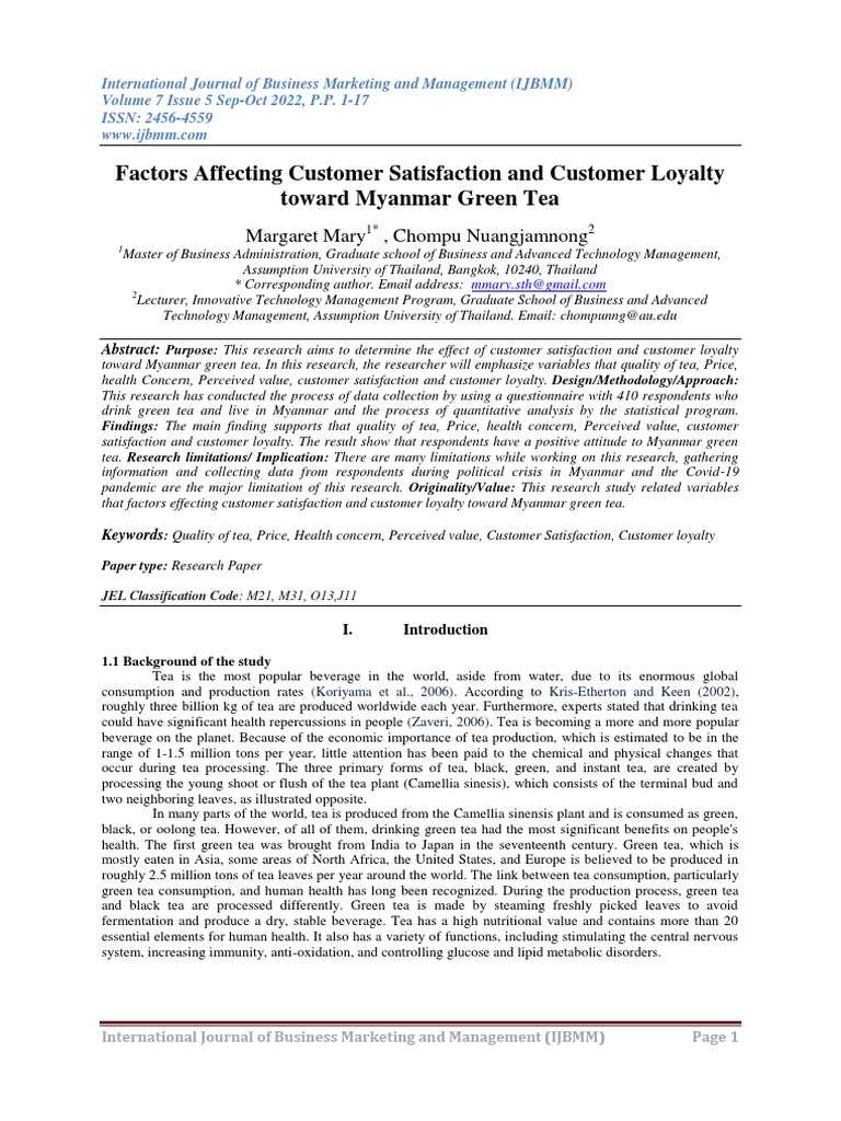 Factors Affecting Customer Satisfaction and Customer Loyalty Toward Myanmar Green Tea | PDF ...