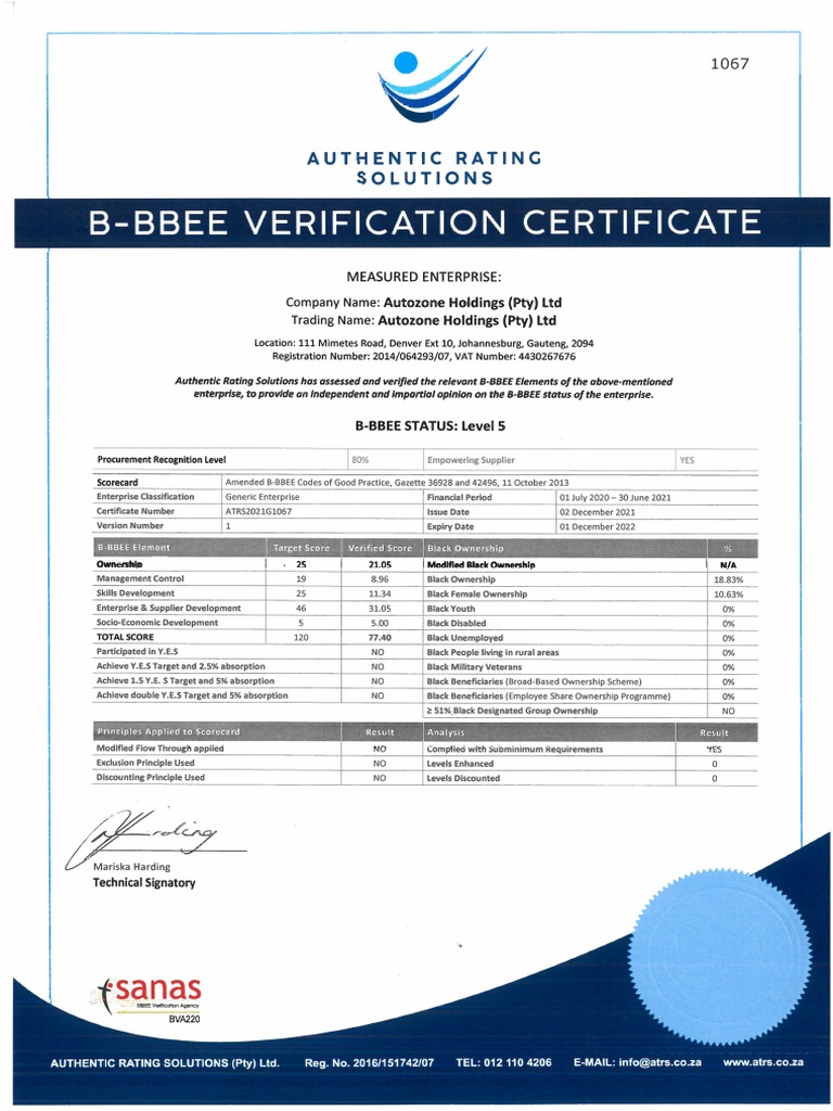 AutoZone B BBEE Certificate 1 December 2022 | PDF