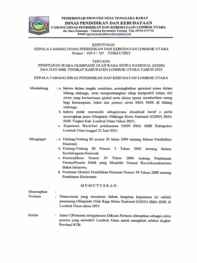 SK Juara O2SN SMA SMK Tahun 2023 TK Kabupaten Lombok Utara | PDF