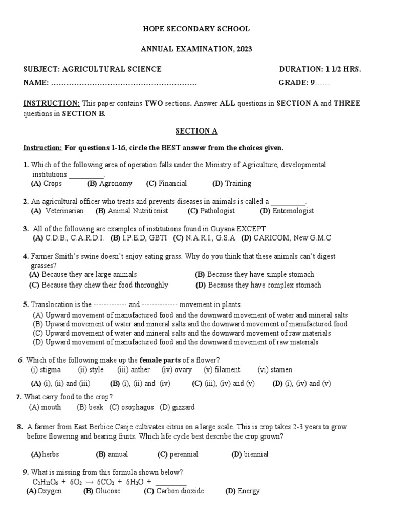 Grade 9 Annual Exam 2023 | PDF | Livestock | Farms