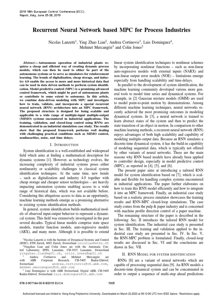 Recurrent Neural Network Based MPC for Process Industries | PDF