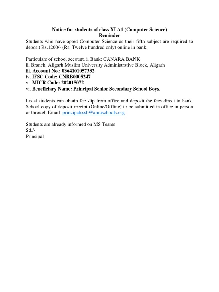 Notice For Students of Class XI A1 (Computer Science) Reminder | PDF