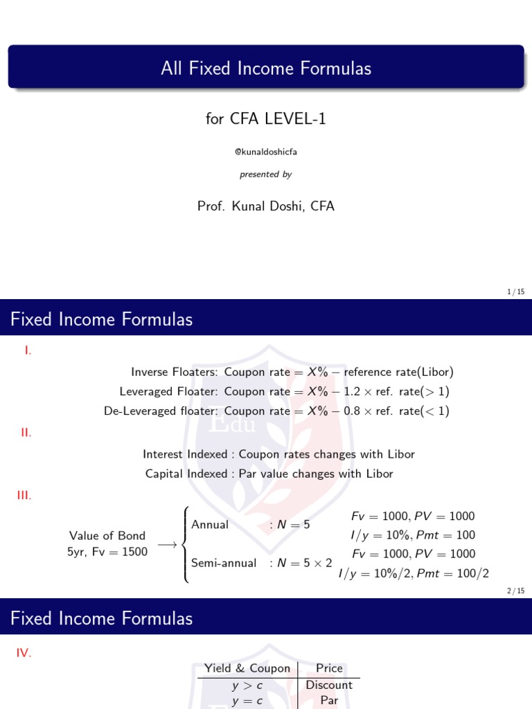 All Fixed Income Formulas For Level 1 by Kunal Doshi CFA 1684453409 | PDF | Bond Duration ...
