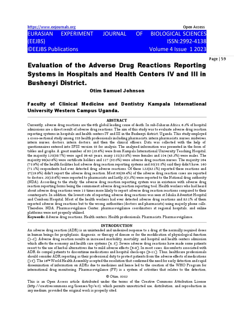 Evaluation of The Adverse Drug Reactions Reporting Systems in Hospitals and Health Centers IV ...