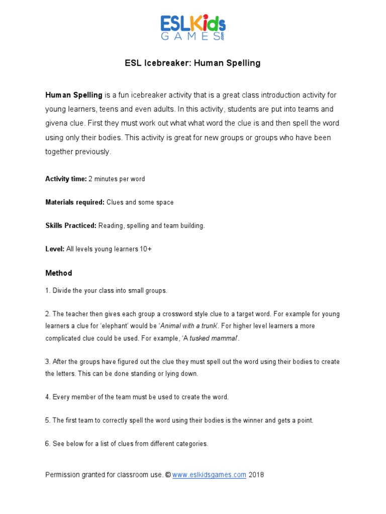 ESL Icebreaker - Human Spelling | PDF | English As A Second Or Foreign ...