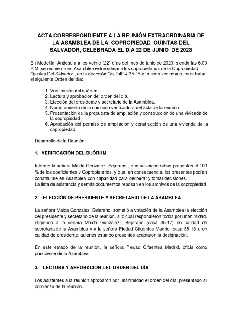Acta Asamblea El Salvador CORREGIDA | PDF | Condominio | Gobierno