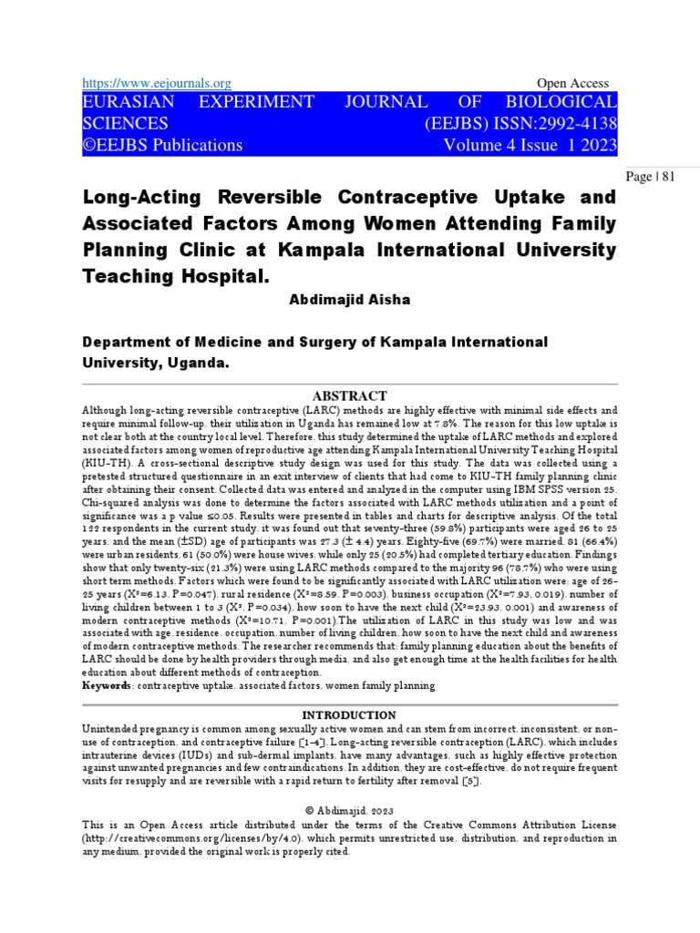Long Acting Reversible Contraceptive Uptake And Associated Factors