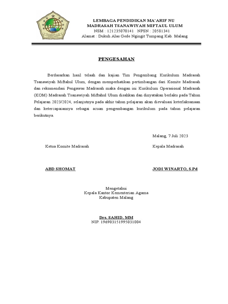 Pengesahan Kurikulum Madrasah Tsanawiyah | PDF