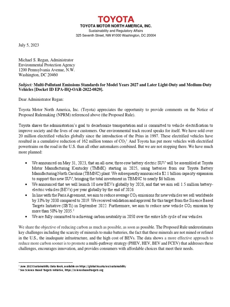 Toyota Responds To EPA Proposed Rule | PDF | Plug In Hybrid | Electric Vehicle