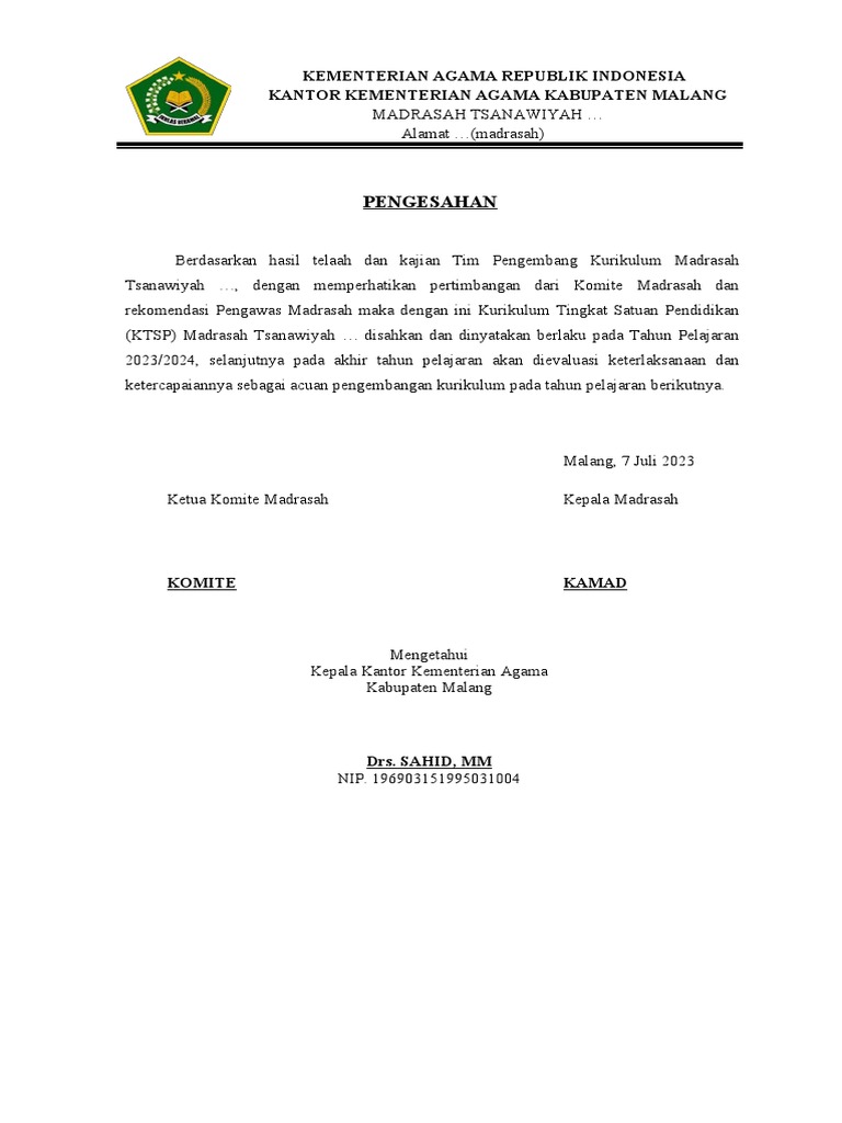 Lembar Pengesahan KTSP MTs | PDF