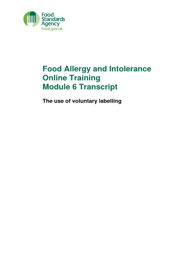 Food Allergy and Intolerance Online Training Module 6 Transcript | PDF ...