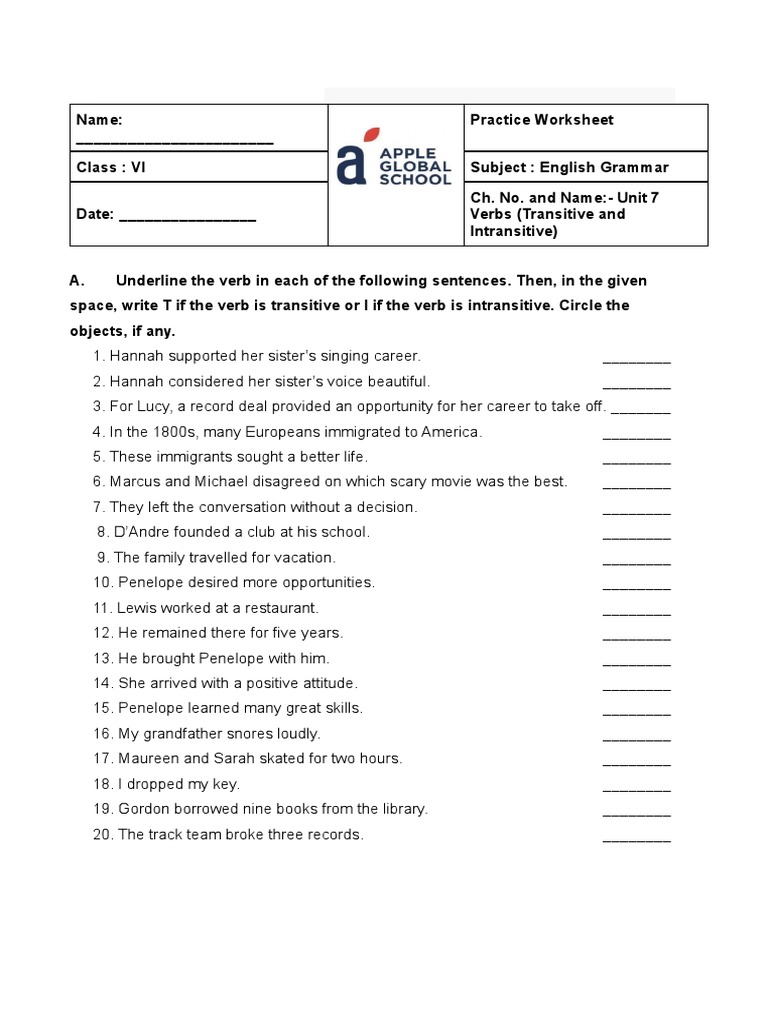 Transitive and Intransitive Verbs Worksheet | PDF | Verb | Grammar