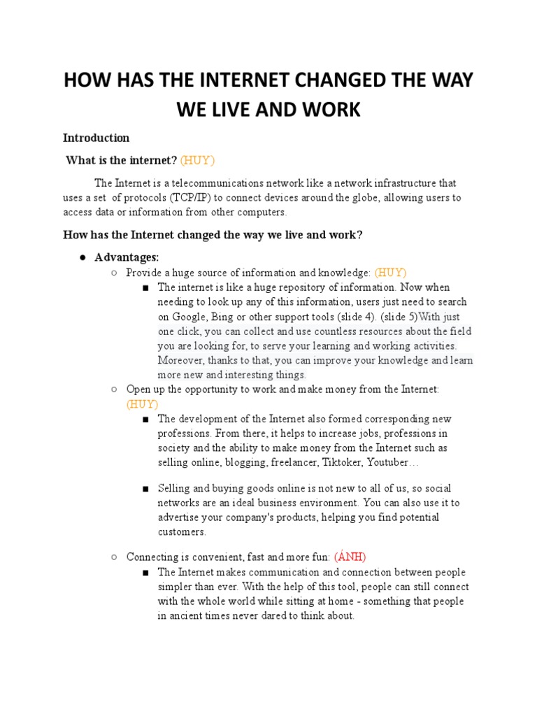 Outline Ent203.30.p1 How Has The Internet Changed The Way We Live and Work PDF | PDF | Internet ...