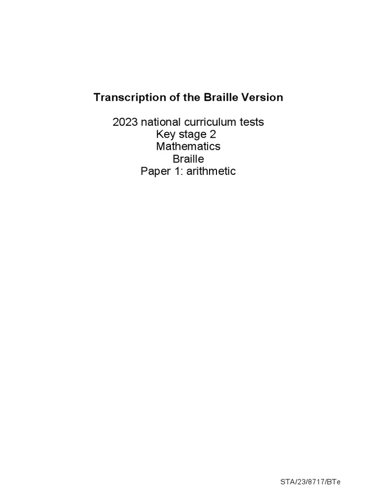 2023 Key Stage 2 Mathematics Braille Transcript Paper 1 Arithmetic ...