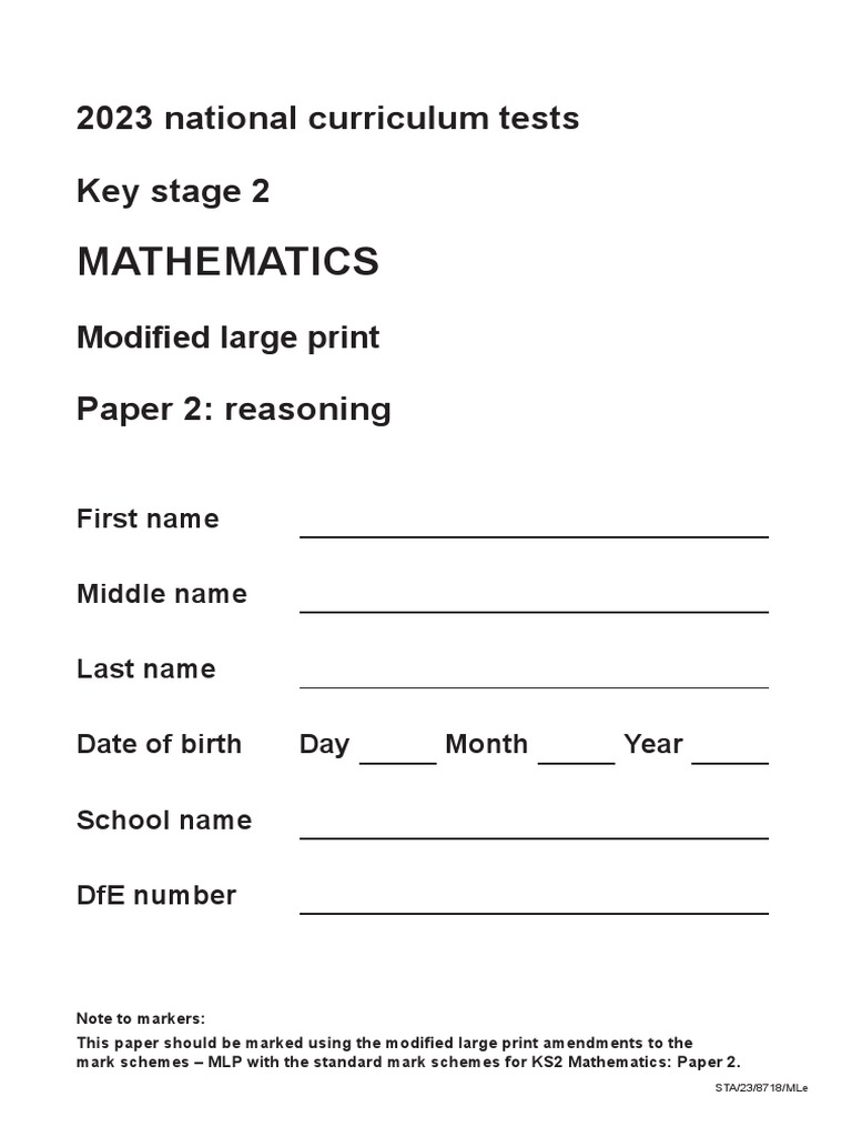 2023 Key Stage 2 Mathematics Modified Large Print Paper 2 Reasoning ...